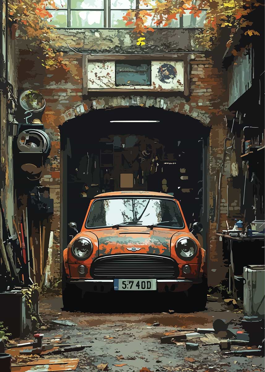 'Vintage Mini Cooper Garage' Poster, picture, metal print, paint by ...