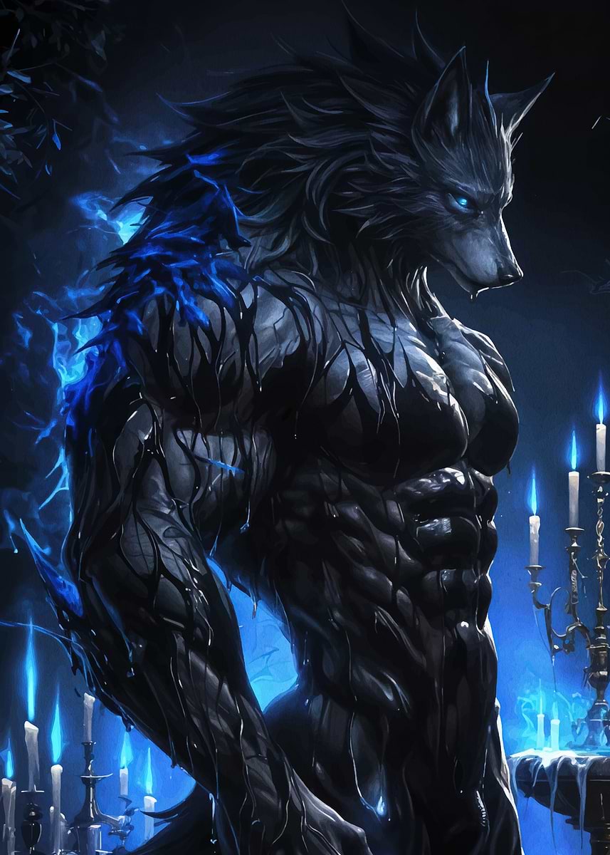 'Werewolf with Blue Flames' Poster, picture, metal print, paint by ...