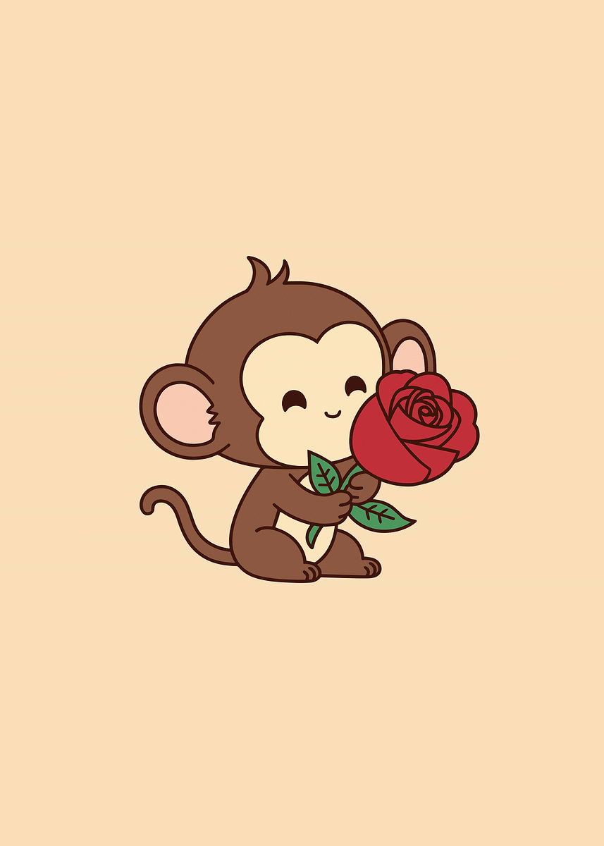 'Cute Monkey with Rose' Poster, picture, metal print, paint by GOBeast ...