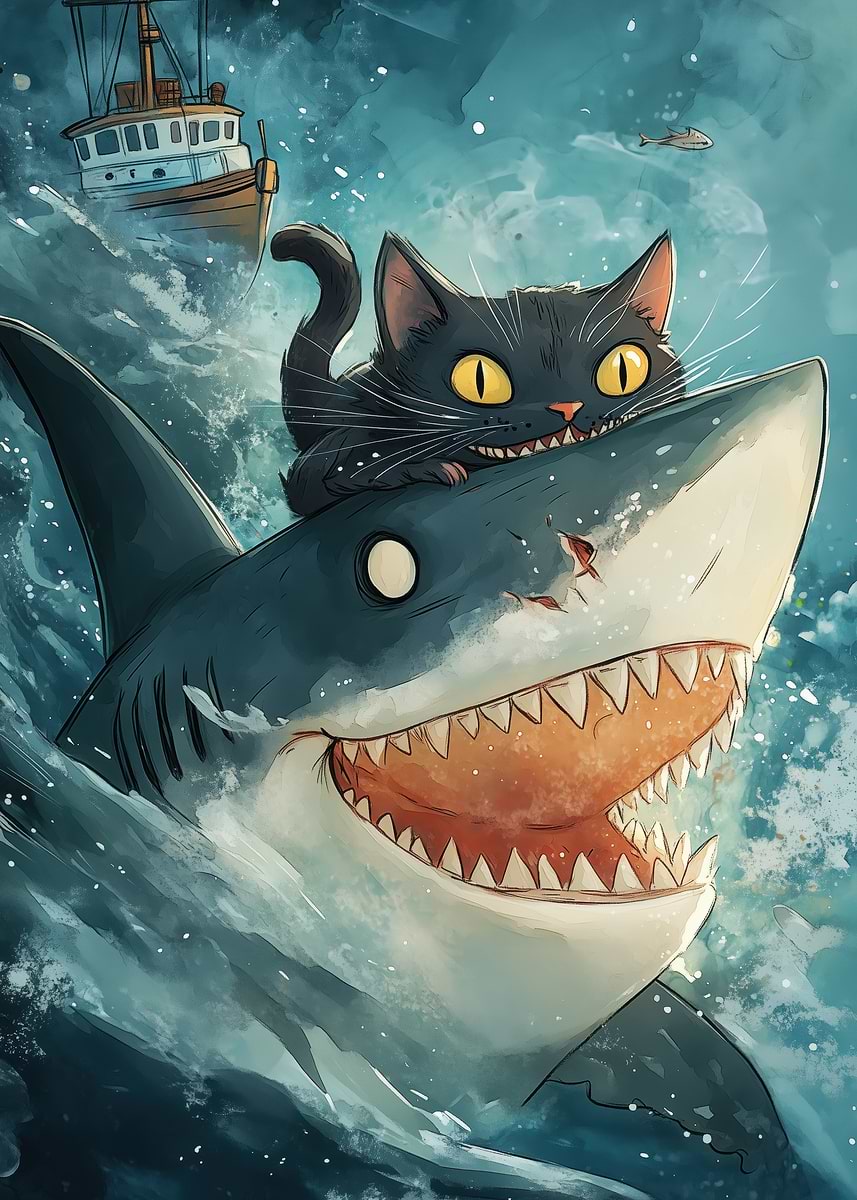'Cat Riding Shark' Poster, picture, metal print, paint by Maestros ...