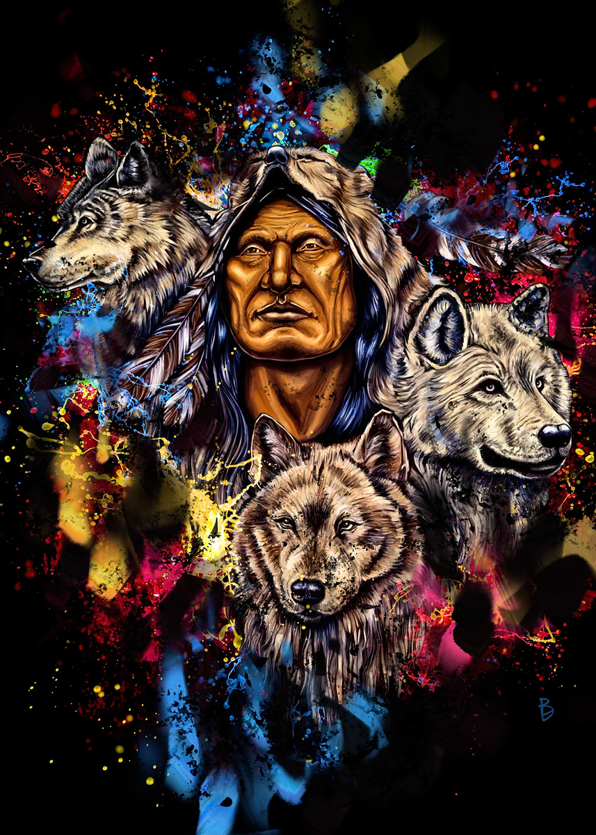 'Native American with Wolves' Poster, picture, metal print, paint by ...