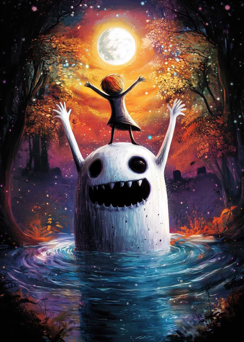'Girl and Monster Under Moon' Poster, picture, metal print, paint by ...