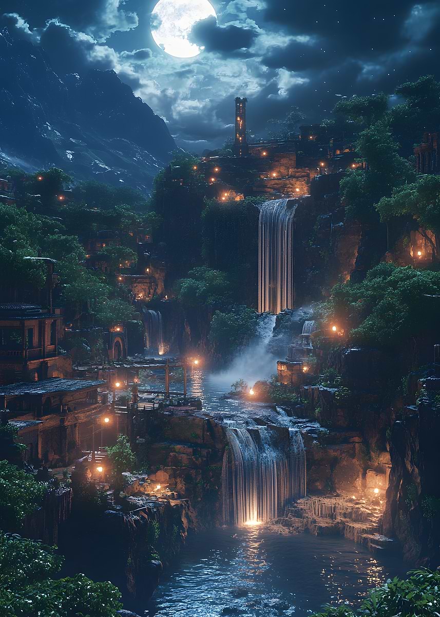 'Fantasy Waterfall Village' Poster, picture, metal print, paint by ...