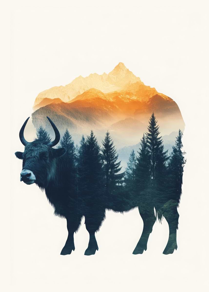 'Yak Mountain Double Exposure' Poster, picture, metal print, paint by ...