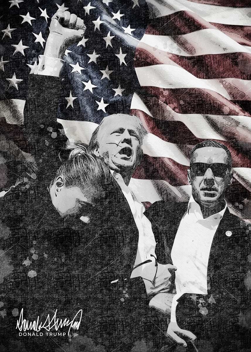 'Trump, American Flag, Sketch' Poster, picture, metal print, paint by ...