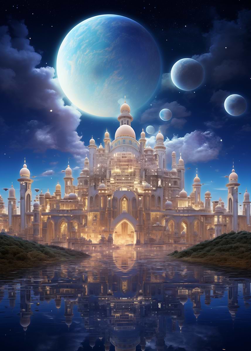 'Fantasy Cityscape with Moons' Poster, picture, metal print, paint by ...