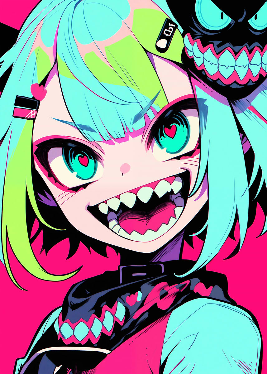 'Anime Girl with Sharp Teeth' Poster, picture, metal print, paint by ...