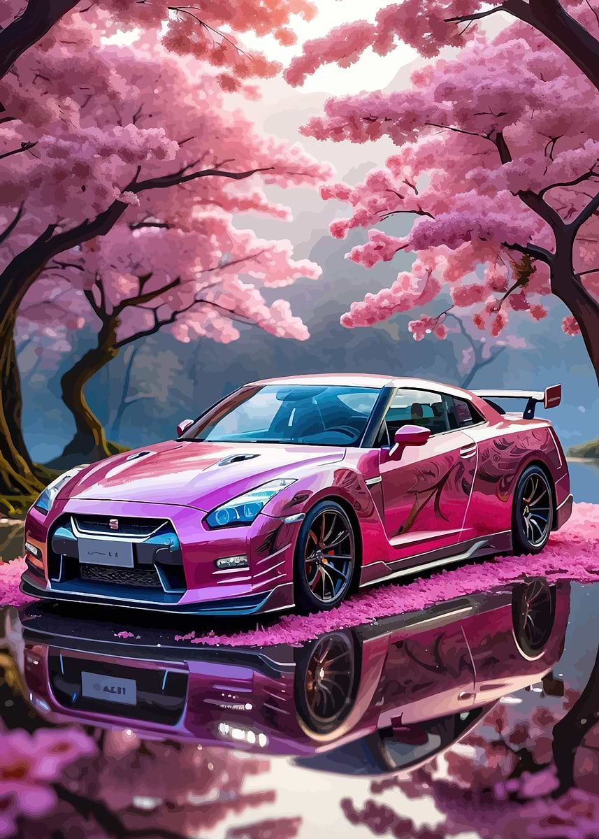 'Pink Nissan GT-R in Cherry Blossoms' Poster, picture, metal print ...