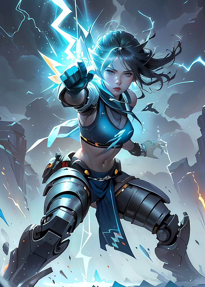 'Epic Female Cyborg Mech Fighter with Lightning Magic in Action' Poster ...