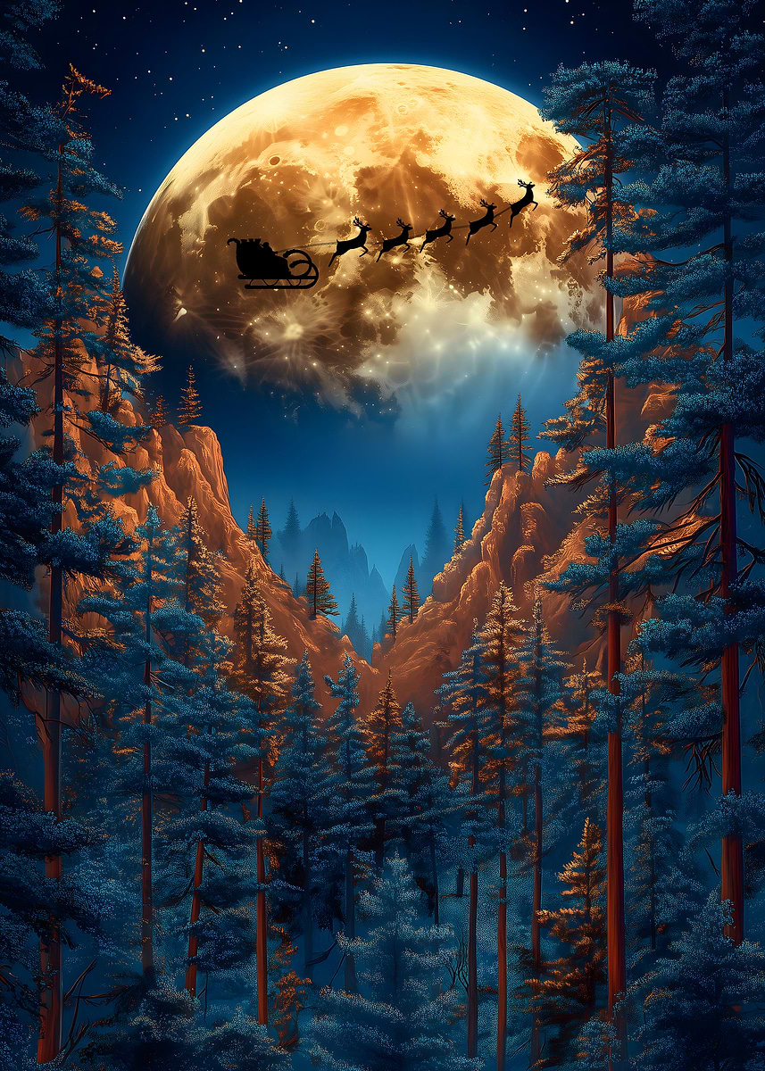 'Santa's Flight Through Forest' Poster, picture, metal print, paint by ...
