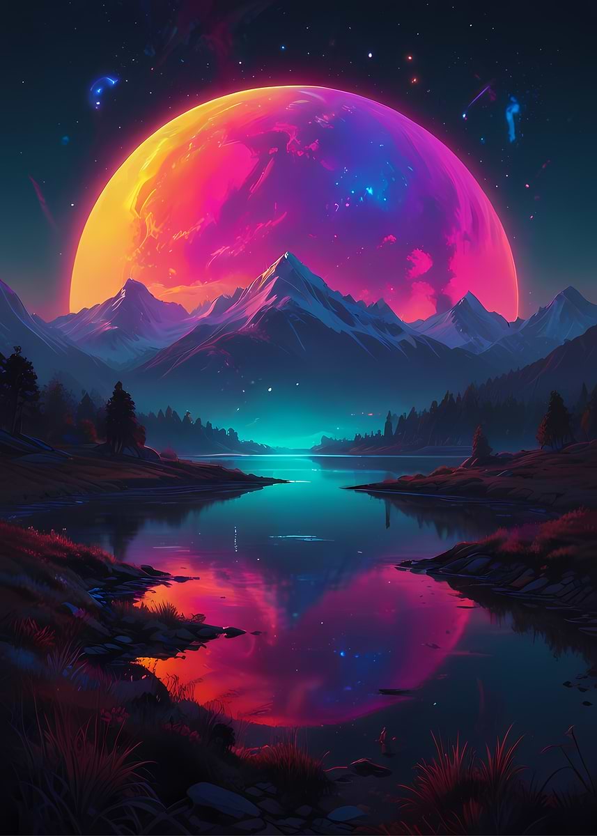 'Neon Moon' Poster, picture, metal print, paint by Black Poster | Displate