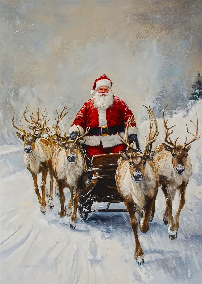'Santa Claus Reindeer Sleigh' Poster, picture, metal print, paint by ...
