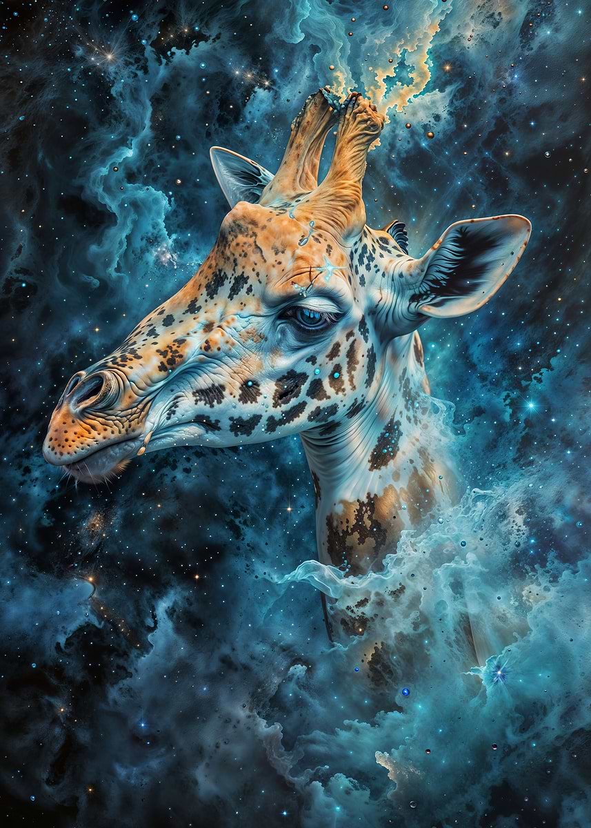'Cosmic Nebula Giraffe' Poster, picture, metal print, paint by HyperArt | Displate