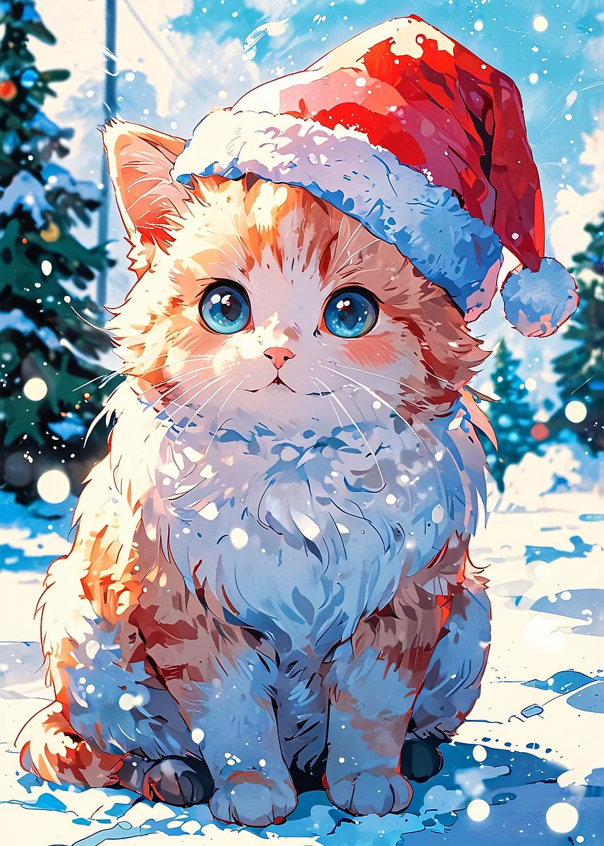 'Cute Cat with Santa Hat' Poster, picture, metal print, paint by ...