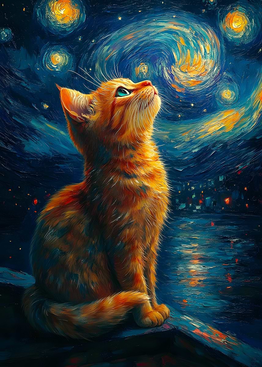 'Starry Night Cat' Poster, picture, metal print, paint by Chromapix ...