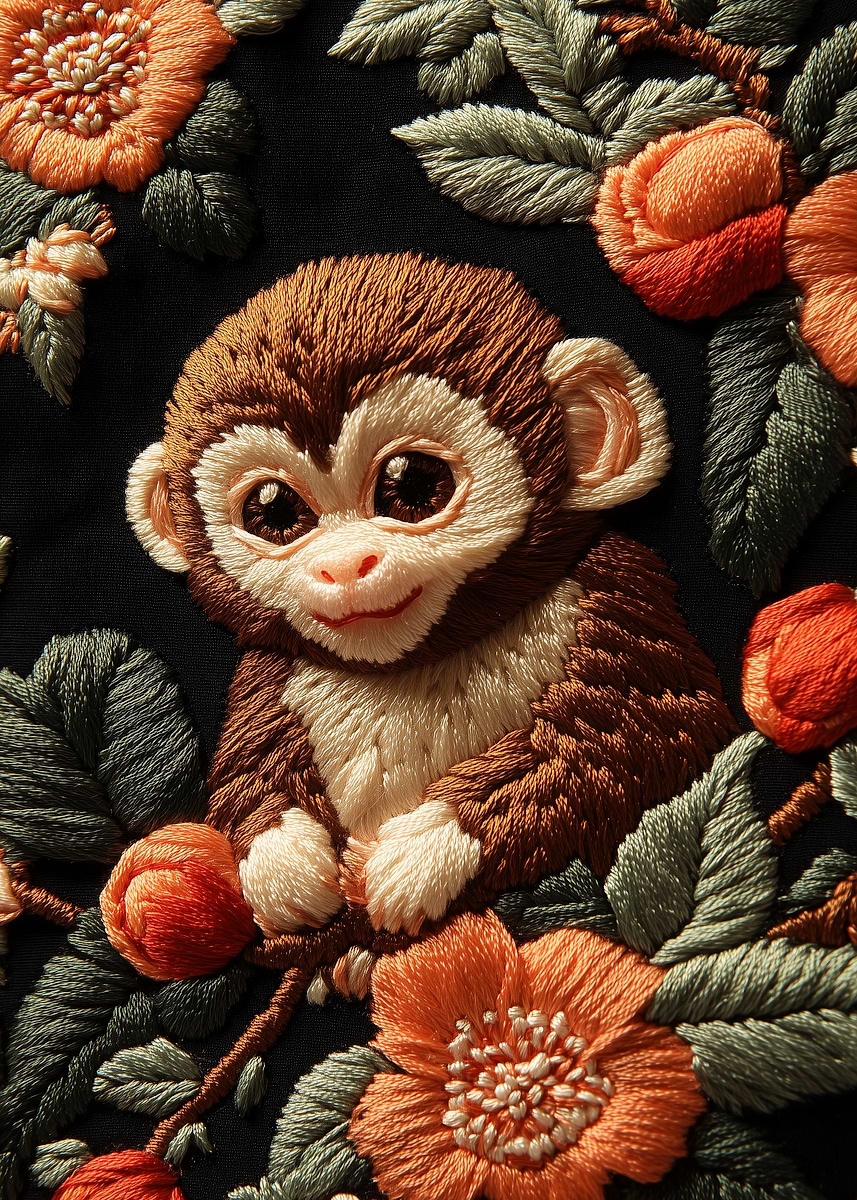 'Embroidered Monkey with Flowers' Poster, picture, metal print, paint by Lorence | Displate