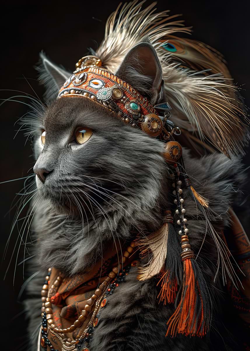 'Gray Cat in Native American Headdress' Poster, picture, metal print ...