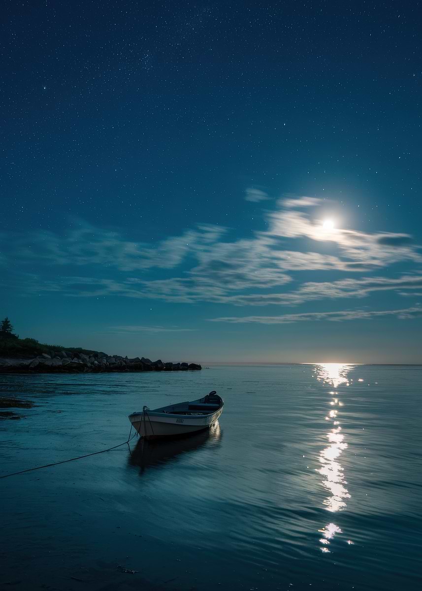 'Moonlit Boat at Sea' Poster, picture, metal print, paint by ...