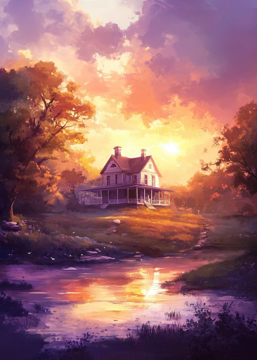 'Sunset House by the River' Poster, picture, metal print, paint by ...
