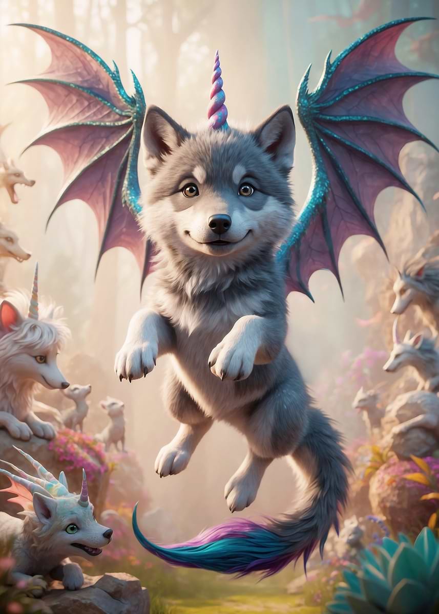 'Unicorn Wolf Pup with Dragon Wings' Poster, picture, metal print ...