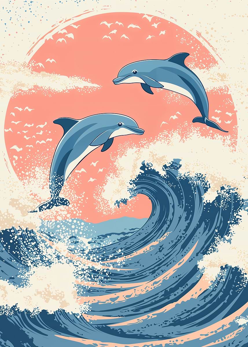 'Dolphins Jumping Wave' Poster, picture, metal print, paint by ...