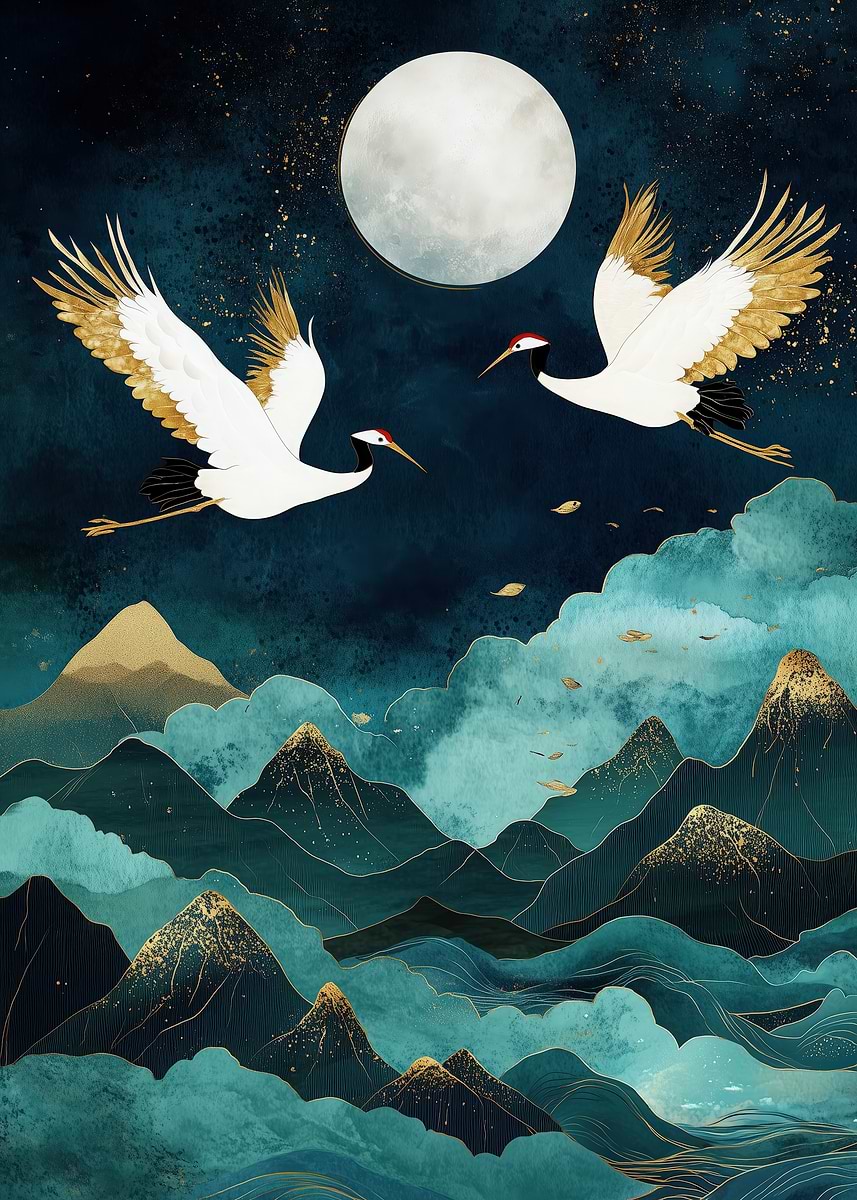 'Cranes in Moonlight' Poster, picture, metal print, paint by DoRiMi ...