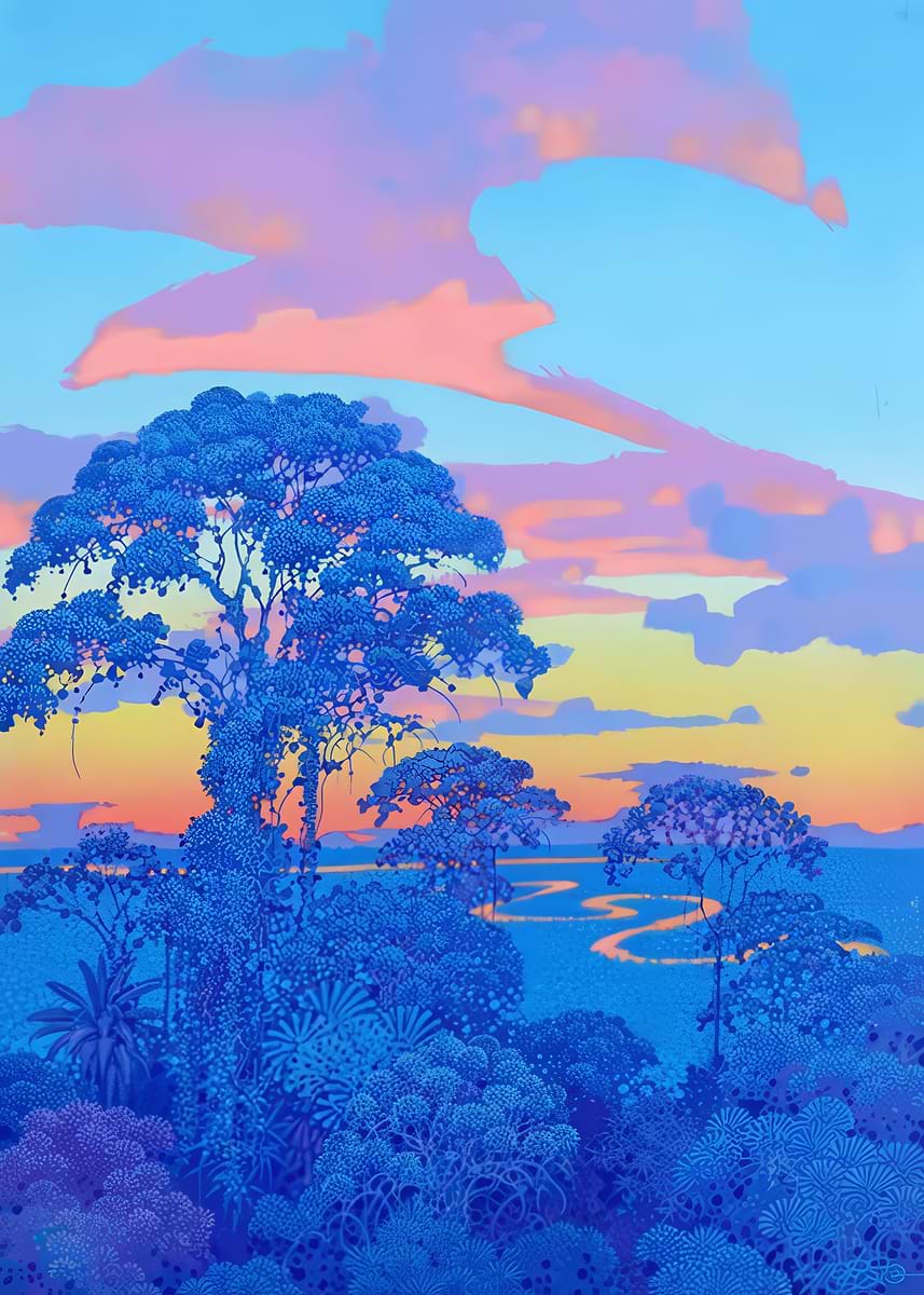 'Blue Forest Sunset by Hiroo Isono' Poster, picture, metal print, paint by Clinton Ward | Displate