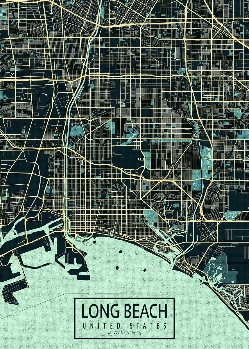 'Long Beach Map USA Summer' Poster, picture, metal print, paint by ...
