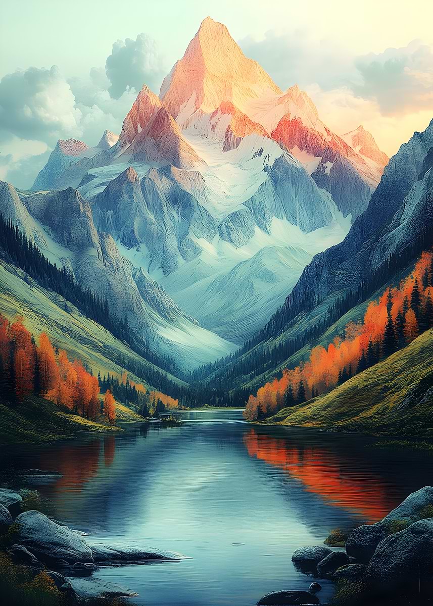 'Mountain Lake Serenity' Poster, picture, metal print, paint by Numidia ...