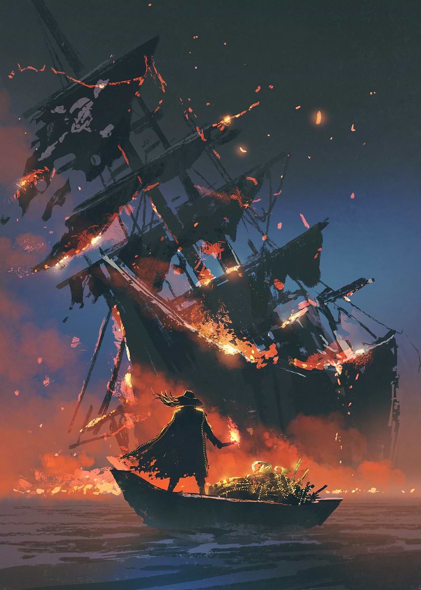 'Burning Pirate Ship' Poster, picture, metal print, paint by BS Design ...
