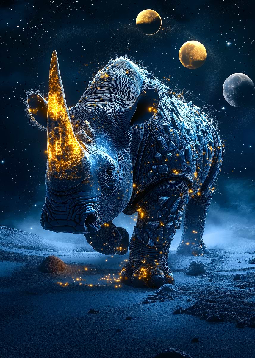 'Glowing Rhino Under Stars' Poster, picture, metal print, paint by ...