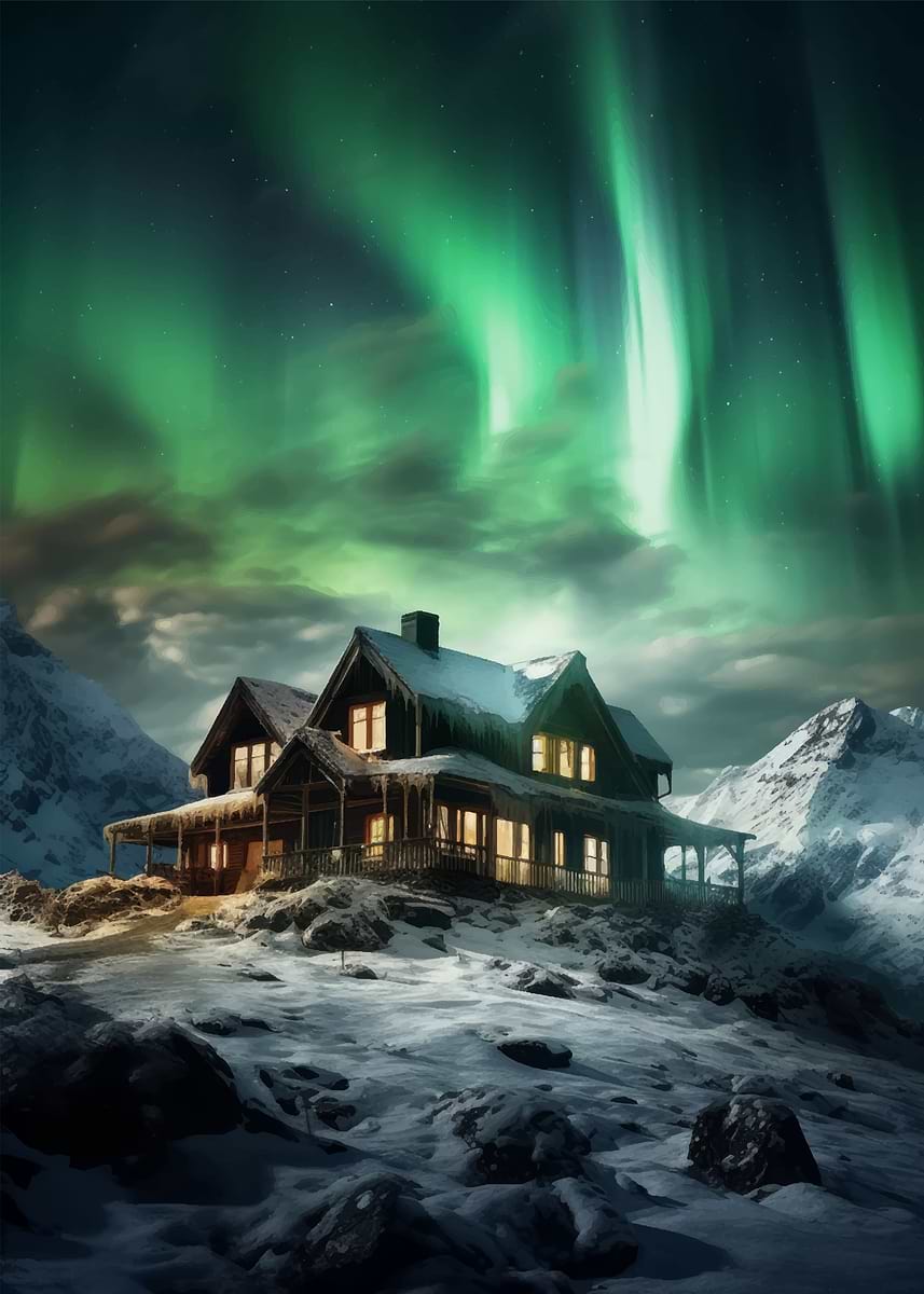 'Cabin Under Aurora Borealis' Poster, picture, metal print, paint by ...