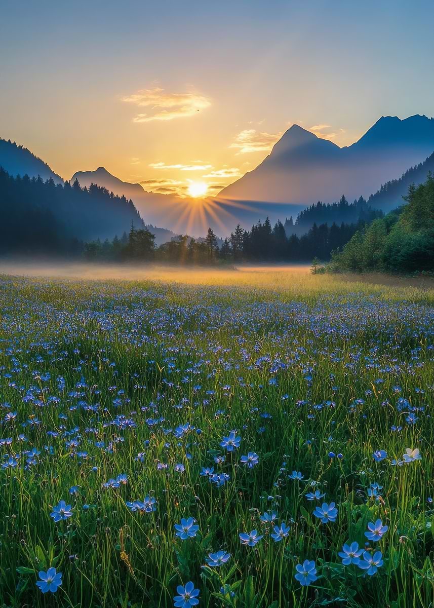 'Sunrise Over Flower Field' Poster, picture, metal print, paint by ...