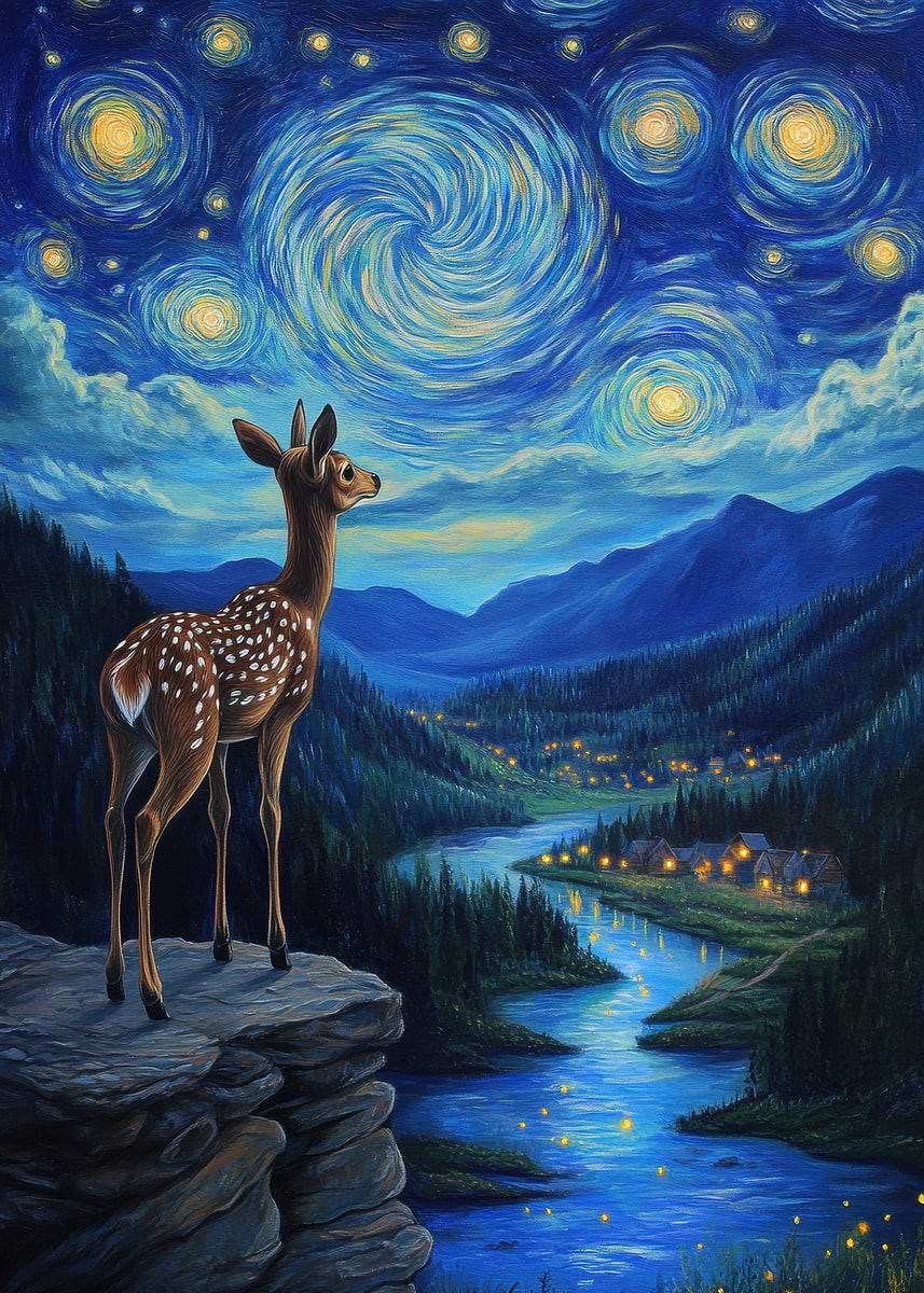 'Deer Under Starry Sky' Poster, picture, metal print, paint by ...
