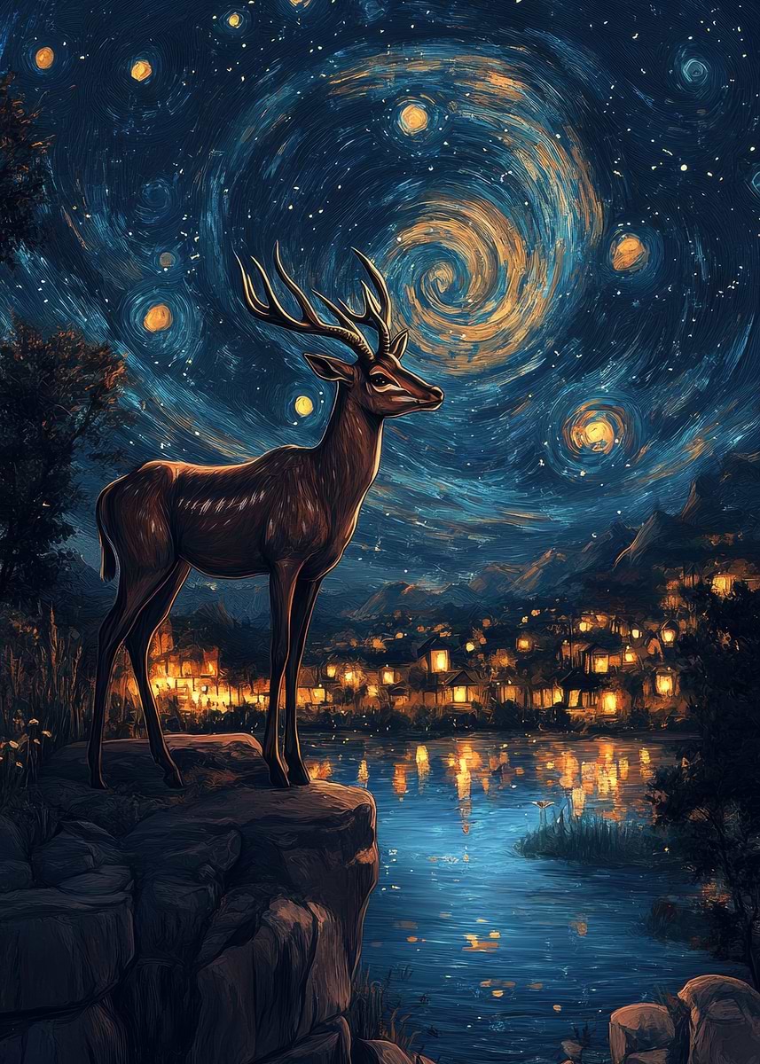 'Deer Under Starry Sky' Poster, picture, metal print, paint by ...