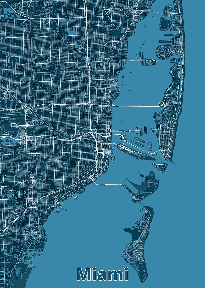 'Miami City Map' Poster, picture, metal print, paint by Sam Kal | Displate