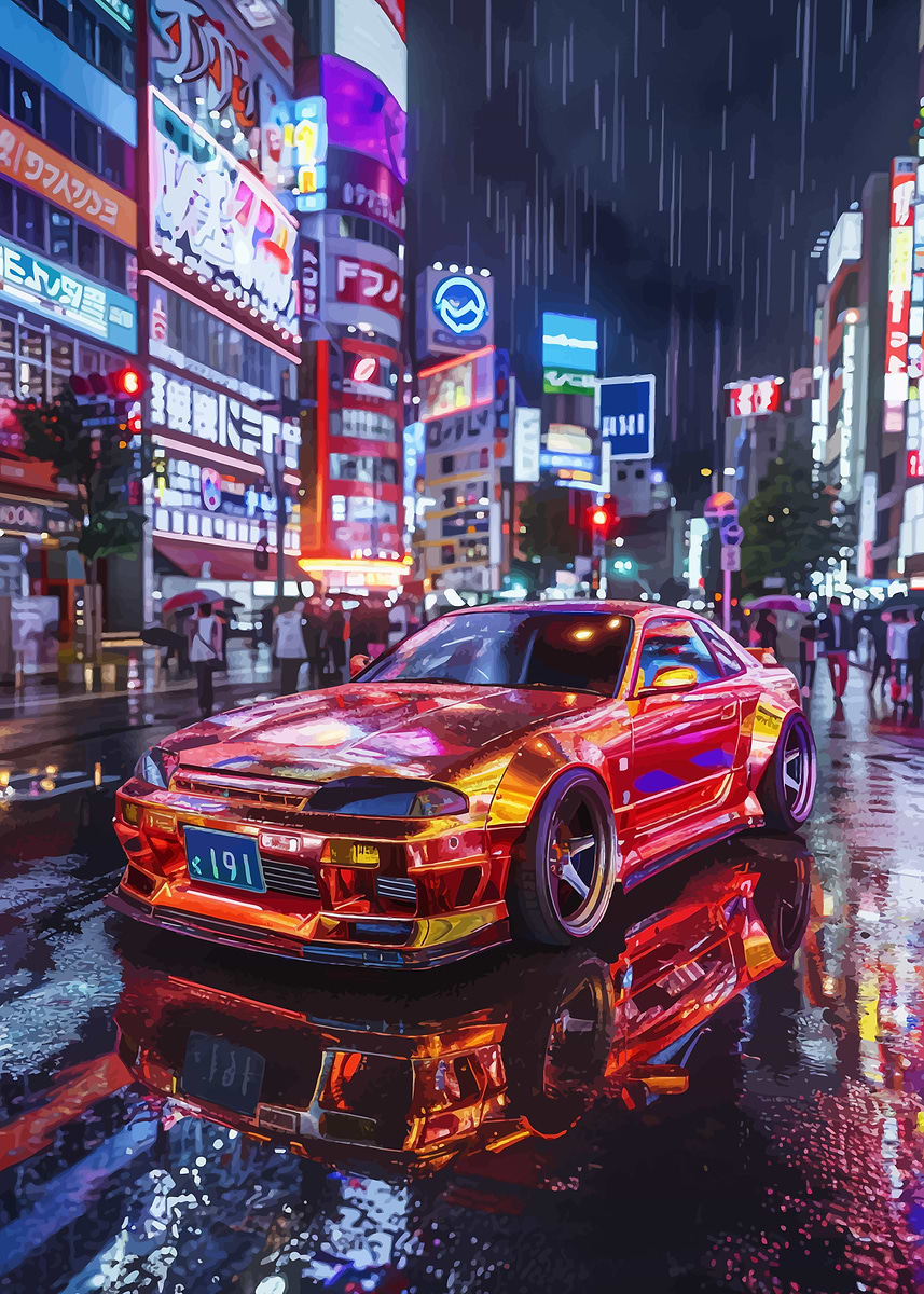 'Gold JDM Car in Neon City' Poster, picture, metal print, paint by Pick ...