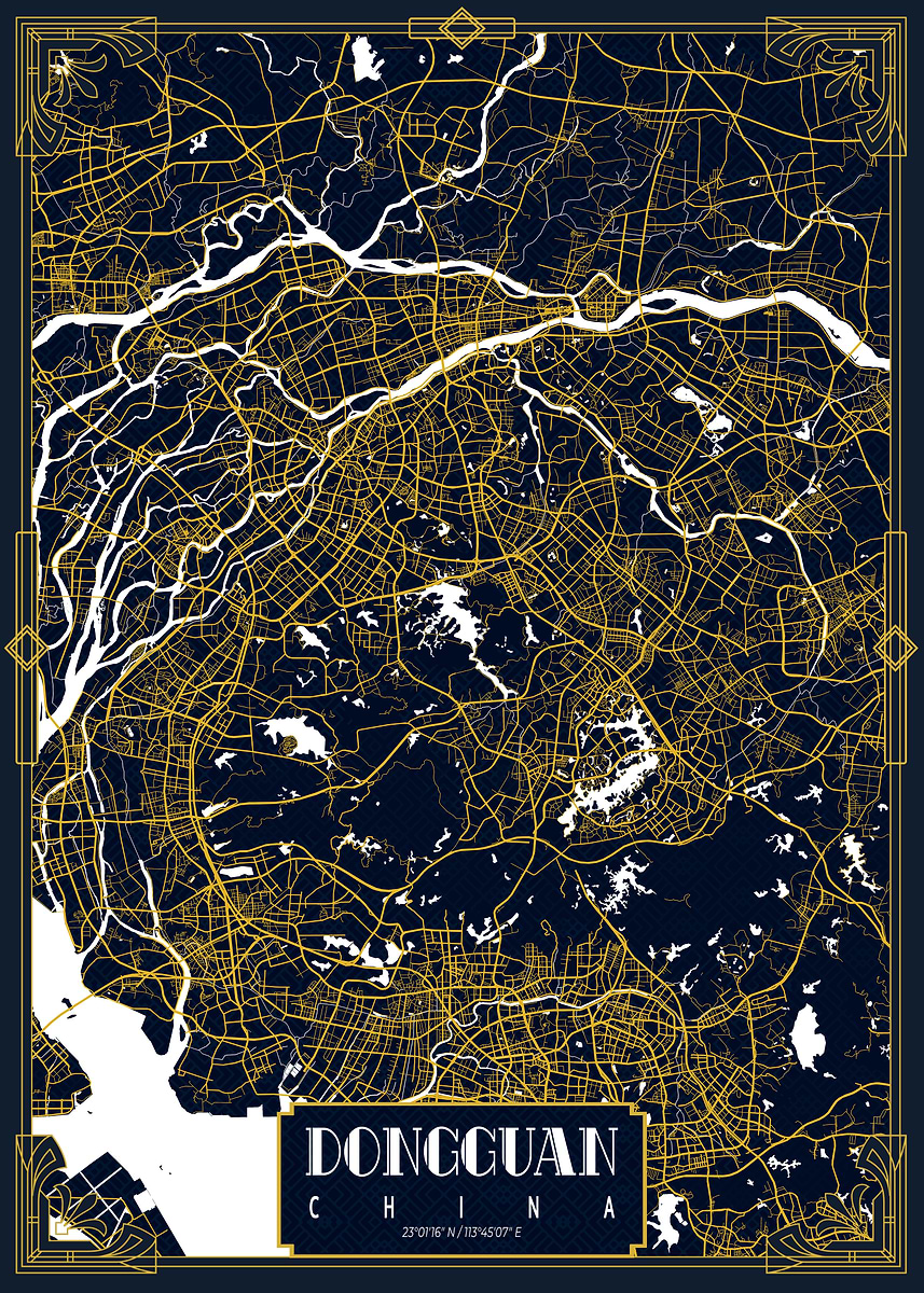 'Dongguan City Map China Gold' Poster, picture, metal print, paint by ...