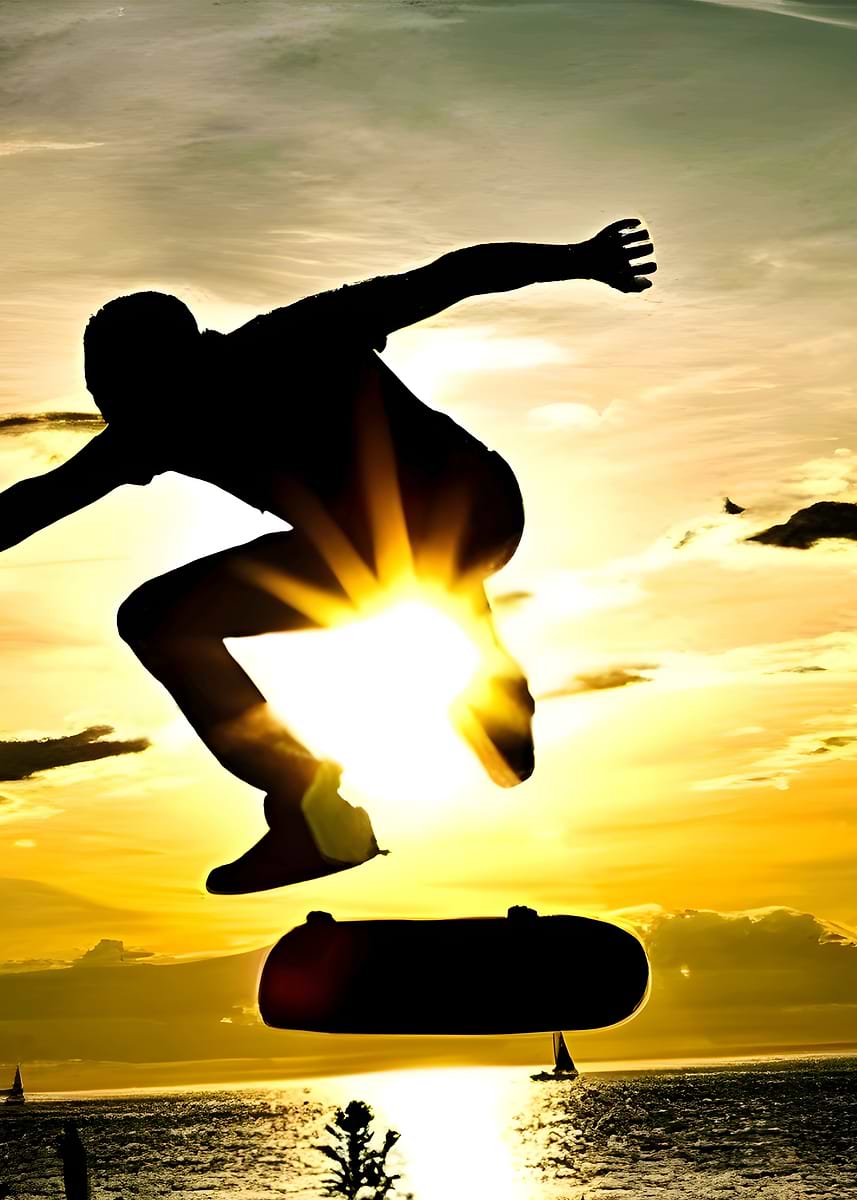 'Silhouette Skateboard Sunset' Poster, picture, metal print, paint by ...