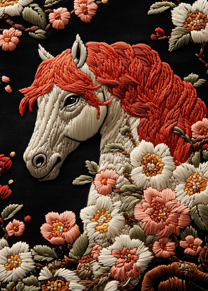 'Embroidered Horse with Flowers' Poster, picture, metal print, paint by Lorence | Displate