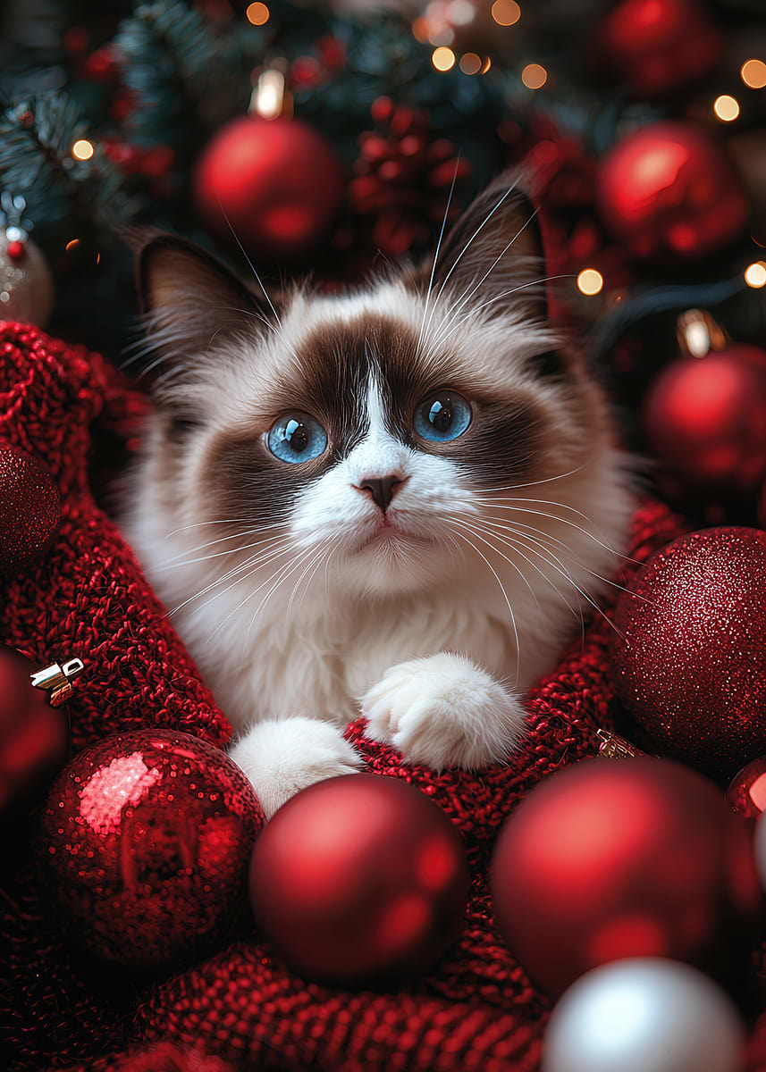 'Cat in Christmas Ornaments' Poster, picture, metal print, paint by ...