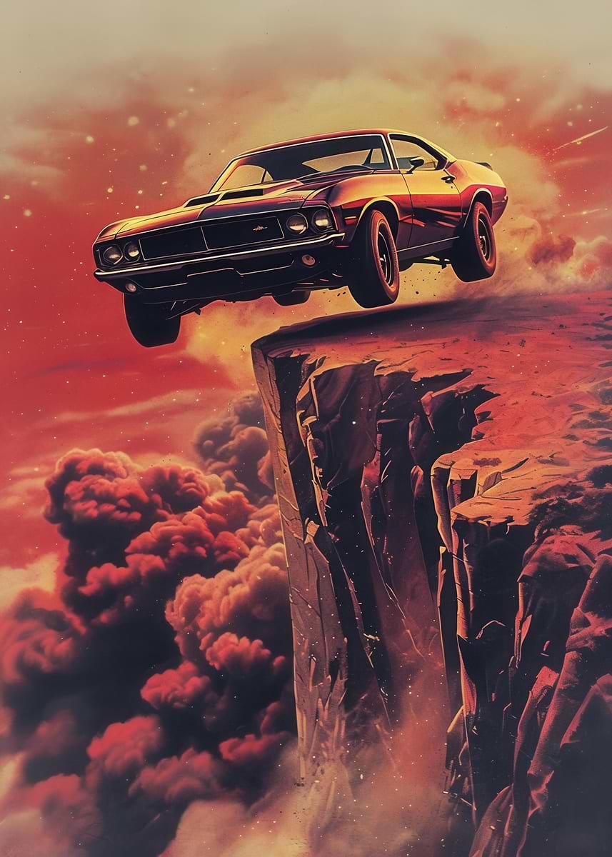 'Muscle Car Cliff Jump' Poster, picture, metal print, paint by Max Ronn ...