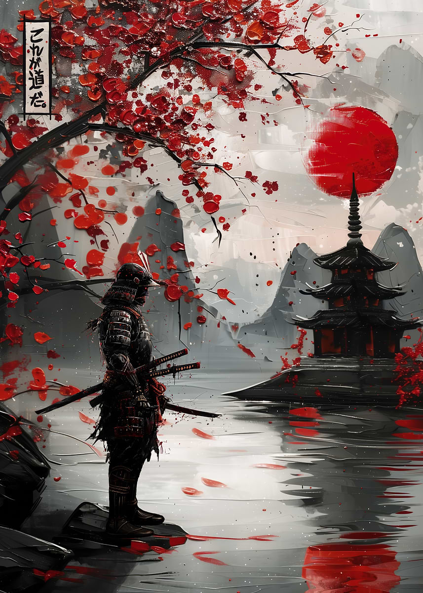 'Japanese Samurai Red Moon painting' Poster, picture, metal print ...
