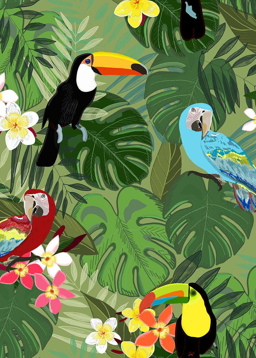 'Tropical Birds & Flowers' Poster, picture, metal print, paint by ...