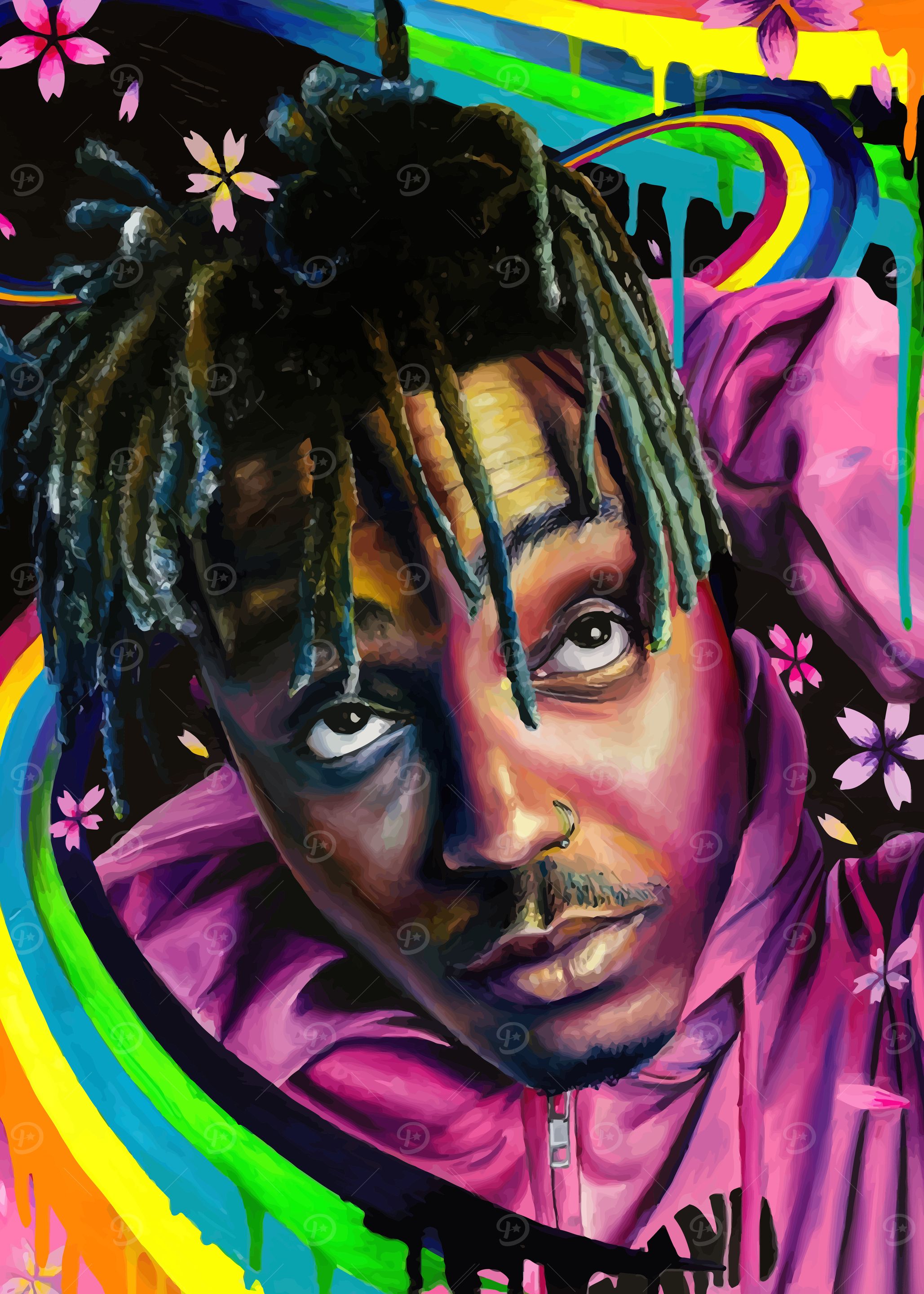 'Juice WRLD Portrait with Rainbow' Poster, picture, metal print, paint ...