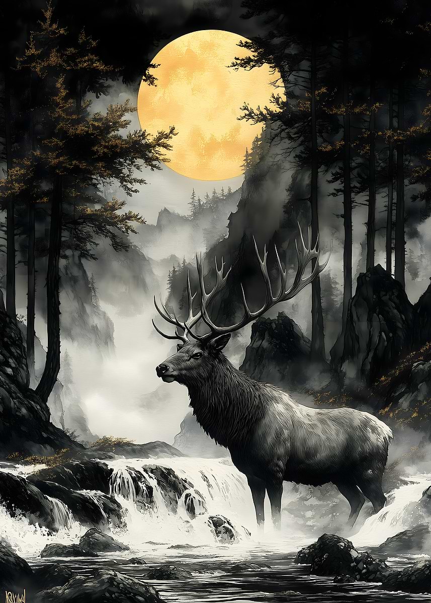 'Elk Under Full Moon' Poster, picture, metal print, paint by Spud ...
