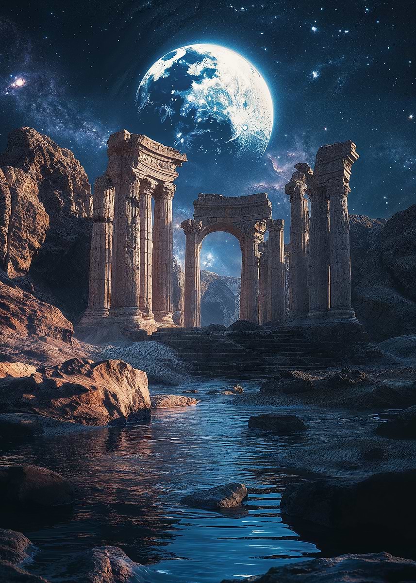 'Ruined Temple Under Night Sky' Poster, picture, metal print, paint by ...