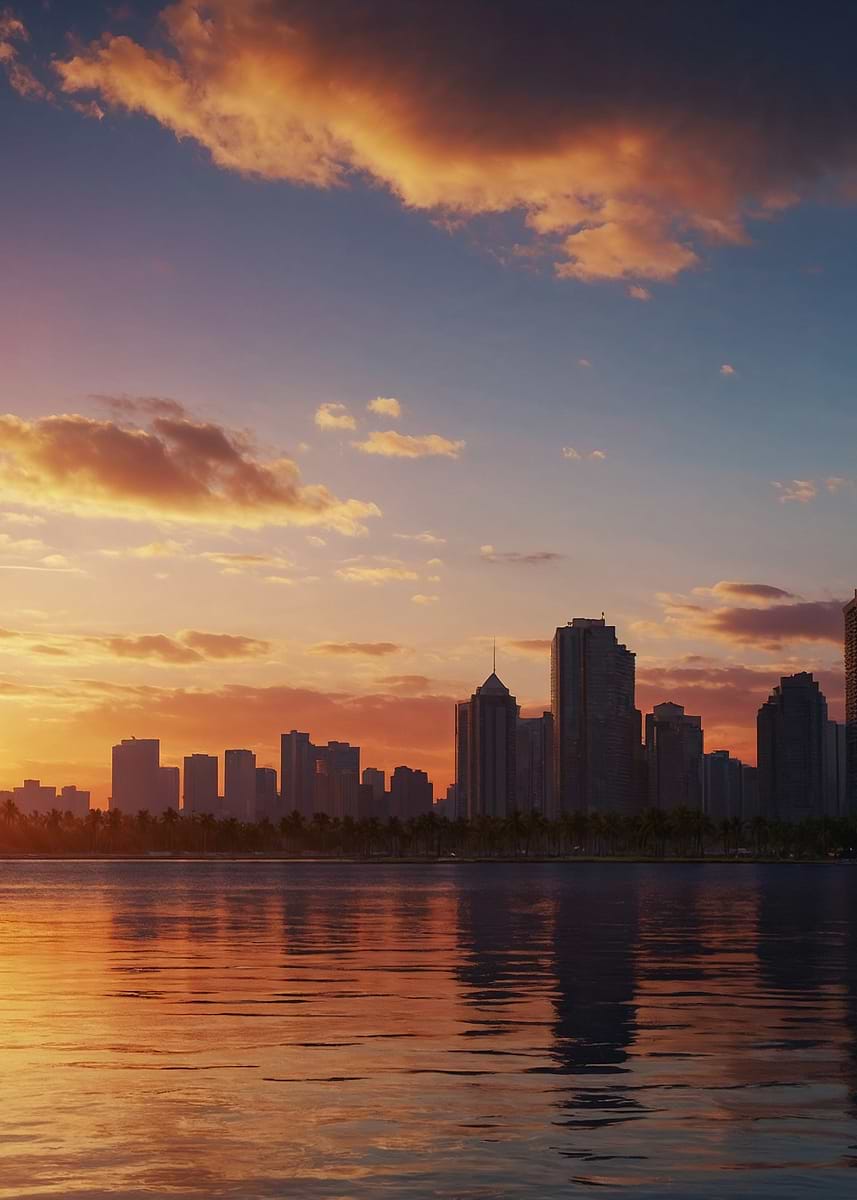 'Cityscape Sunset' Poster, picture, metal print, paint by AiGens | Displate