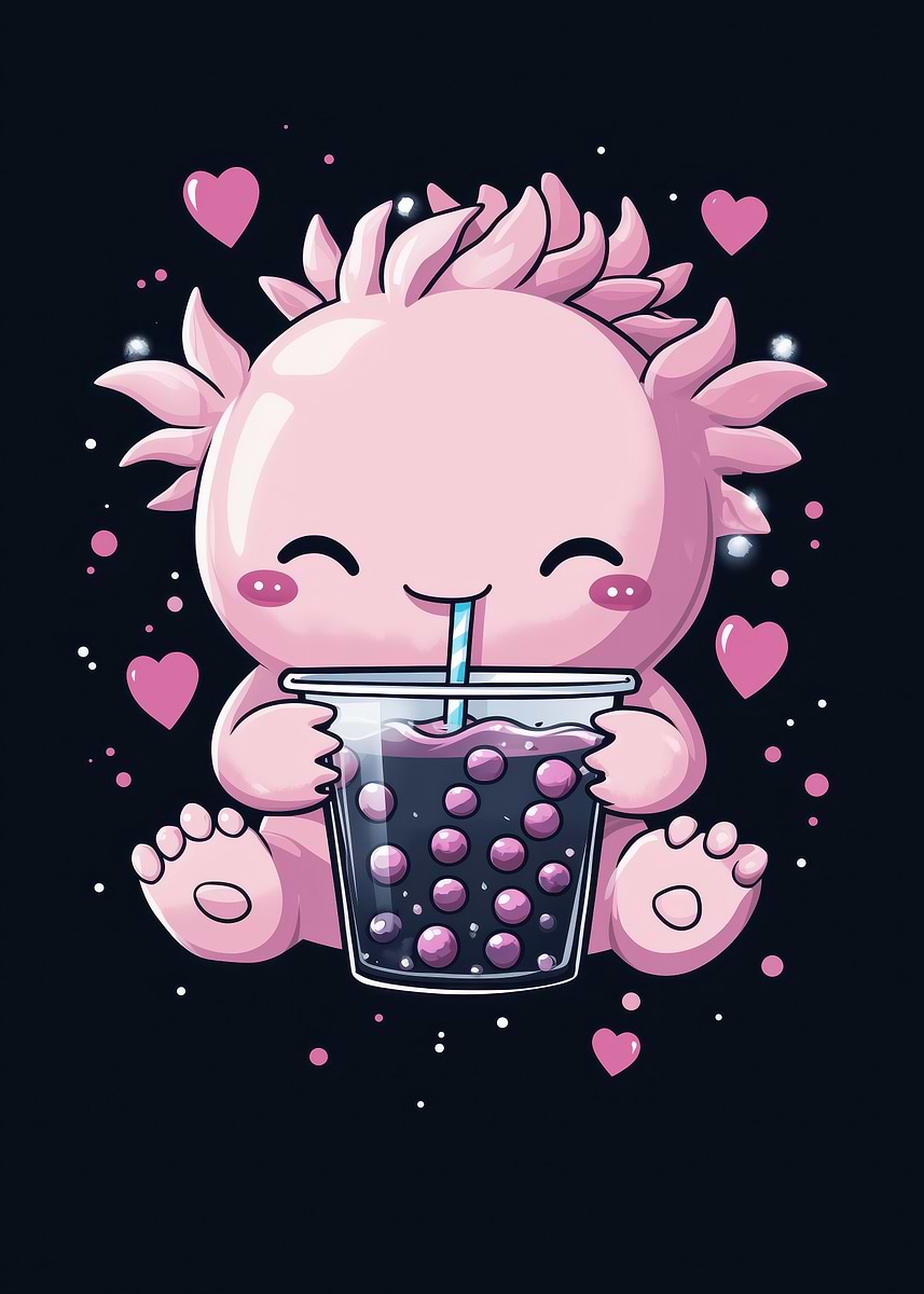 'Cute Axolotl with Boba Tea' Poster, picture, metal print, paint by ...