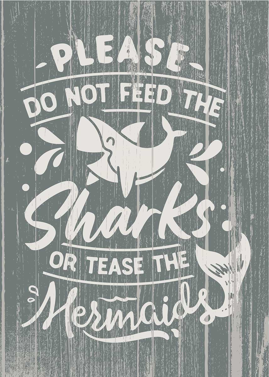 'Funny Beach Shark & Mermaid Sign' Poster, picture, metal print, paint ...